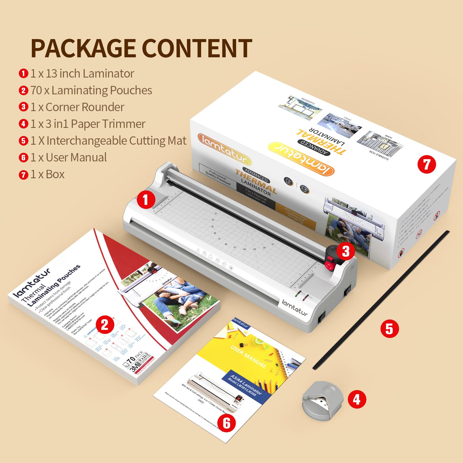 7 in 1 Laminator, Laminator Machine for A3/A4/A6, Laminator Machine with Laminating Sheets 70pouches for Office Home School Use,Paper Trimmer, Corner Rounder Hot &Cold.