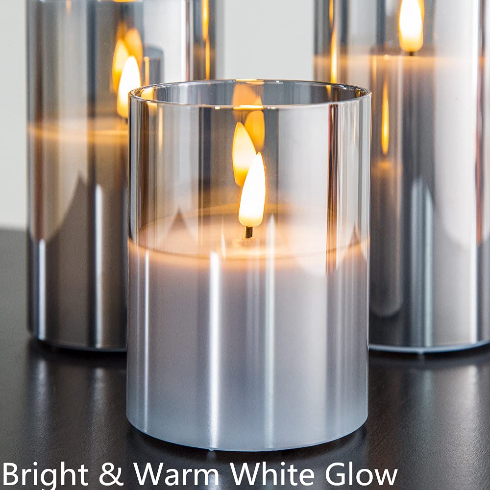 Eywamage Glass Flameless Candles with Remote Battery Operated Flickering LED Pillar Candles Real Wax Wick 3 Pack D 3" H 4" 5" 6" Grey
