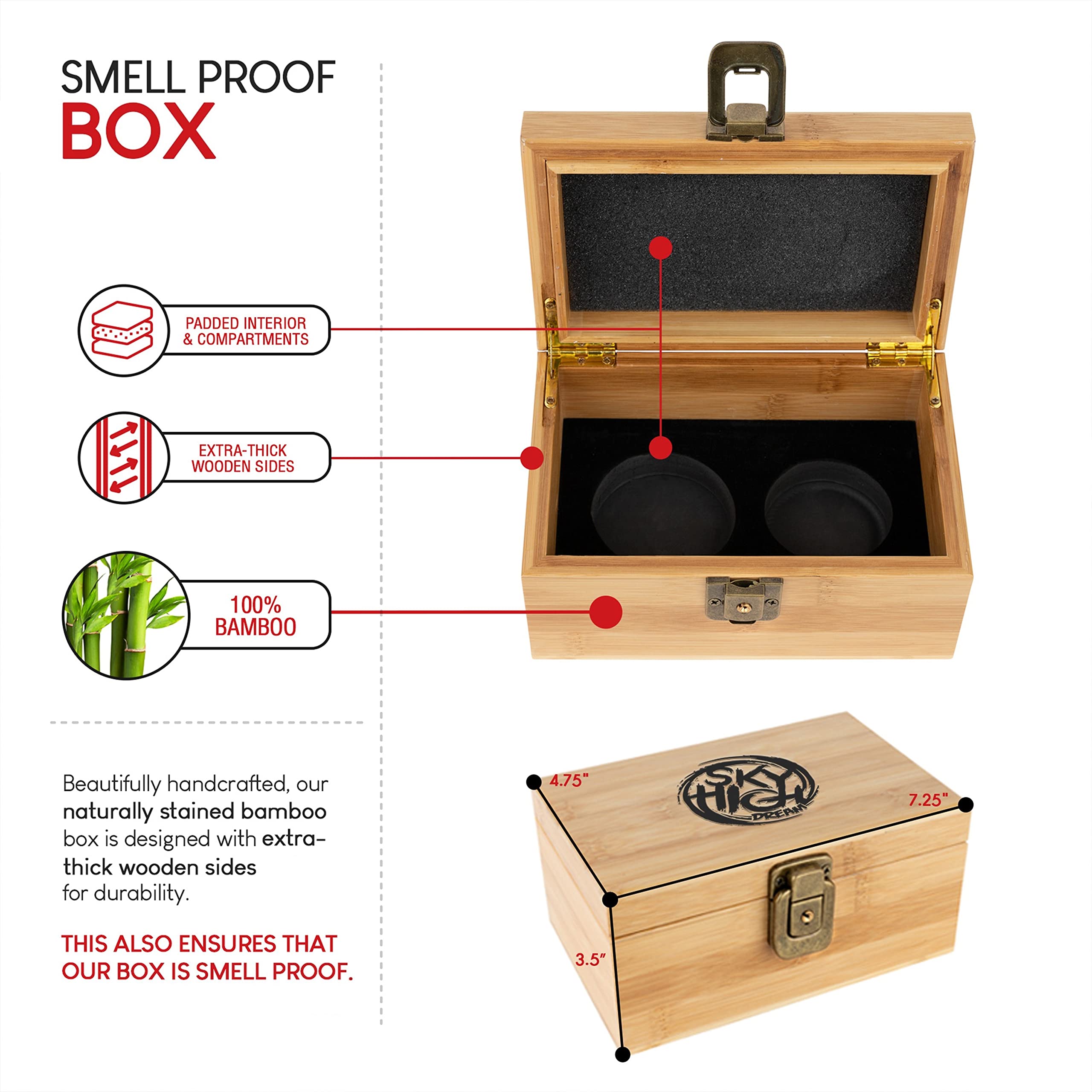 Sky High Dream Smell Proof Wooden Storage Box with Lock and Key - Odorless Portable Storage Case for Accessories - Includes Lock and Key, Storage Jar and Tube, Tray, Resealable Bag, and More