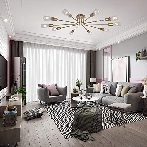TULUCE Kitchen Lighting Fixture Industrial Flush Mount Ceiling Light Mid Century 10 Light Sputnik Chandelier for Kitchen Dining Room Small Bedroom Living Room Brass Painted Metal Ceiling Lighting