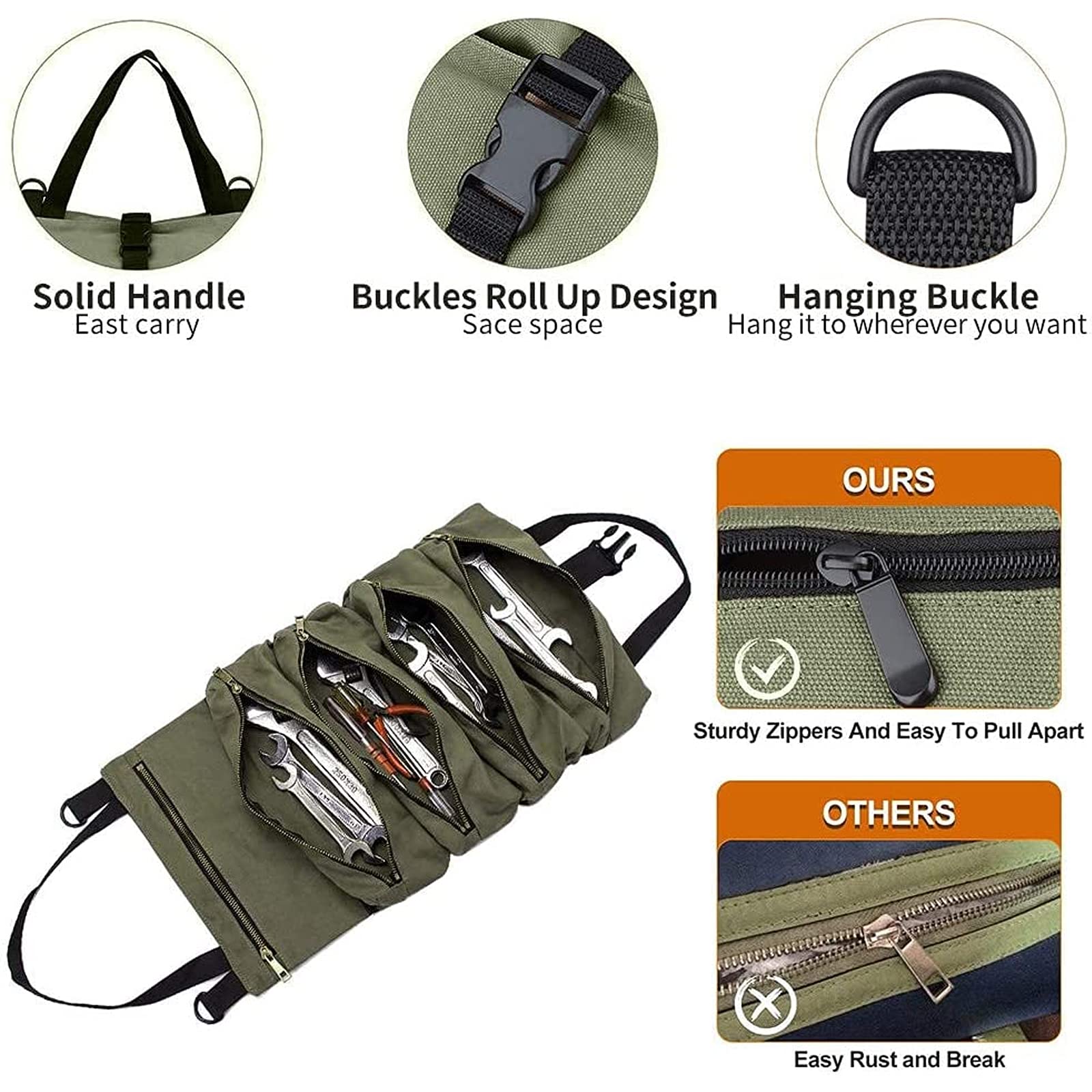 Toll Roll Bag,Canvas Tool Bags For Men,Small Tool Bag,Heavy Duty Tool Roll Up Bag with 5 Zipper Pockets,Wrench Roll Organizer For Mechanic Carpenter Electrician,Tool Roll Organizer.Car Camping Gear