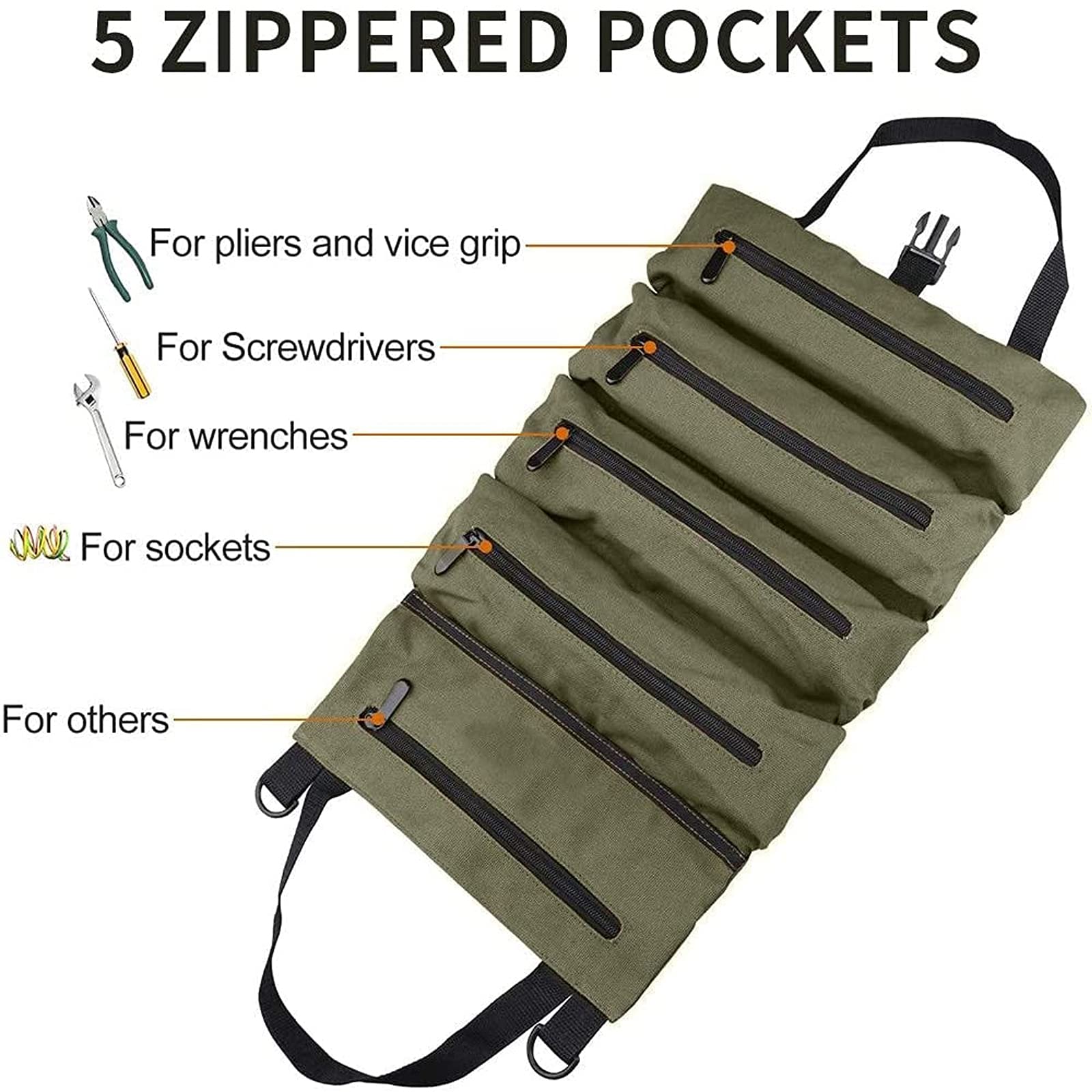 Toll Roll Bag,Canvas Tool Bags For Men,Small Tool Bag,Heavy Duty Tool Roll Up Bag with 5 Zipper Pockets,Wrench Roll Organizer For Mechanic Carpenter Electrician,Tool Roll Organizer.Car Camping Gear
