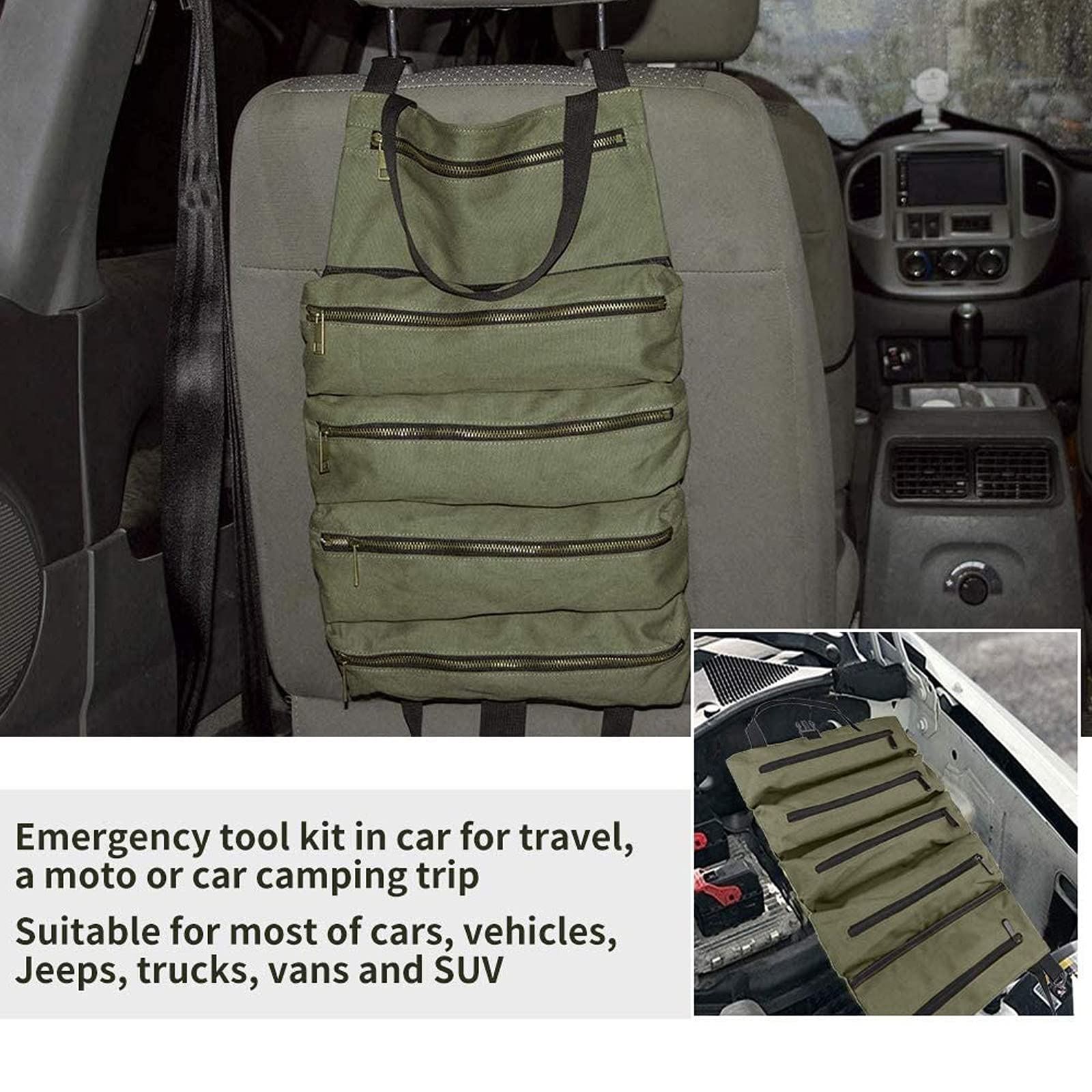 Toll Roll Bag,Canvas Tool Bags For Men,Small Tool Bag,Heavy Duty Tool Roll Up Bag with 5 Zipper Pockets,Wrench Roll Organizer For Mechanic Carpenter Electrician,Tool Roll Organizer.Car Camping Gear