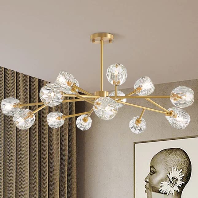 APBEAM Brass Sputnik Chandelier Gold Pendant Light Crystal Ceiling Hanging Light Fixture 15 Light W39.5” x H17.7”