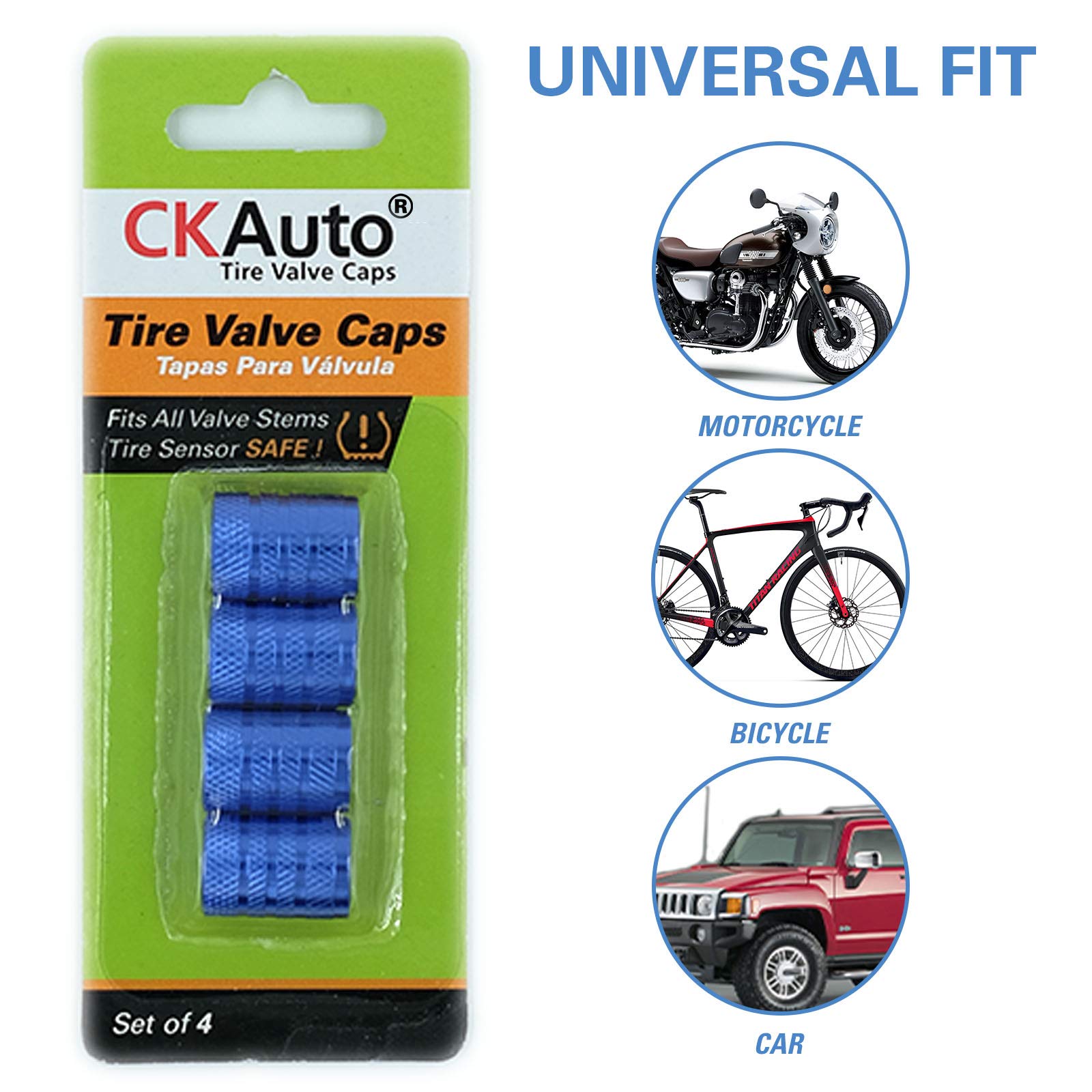 CKAuto Tire Valve Stem Caps, Blue, 4 pcs/Pack, Anodized Aluminum Tire Valve Cap Set, Corrosion Resistant, Universal Stem Covers for Cars Trucks Motorcycles SUVs and Bikes