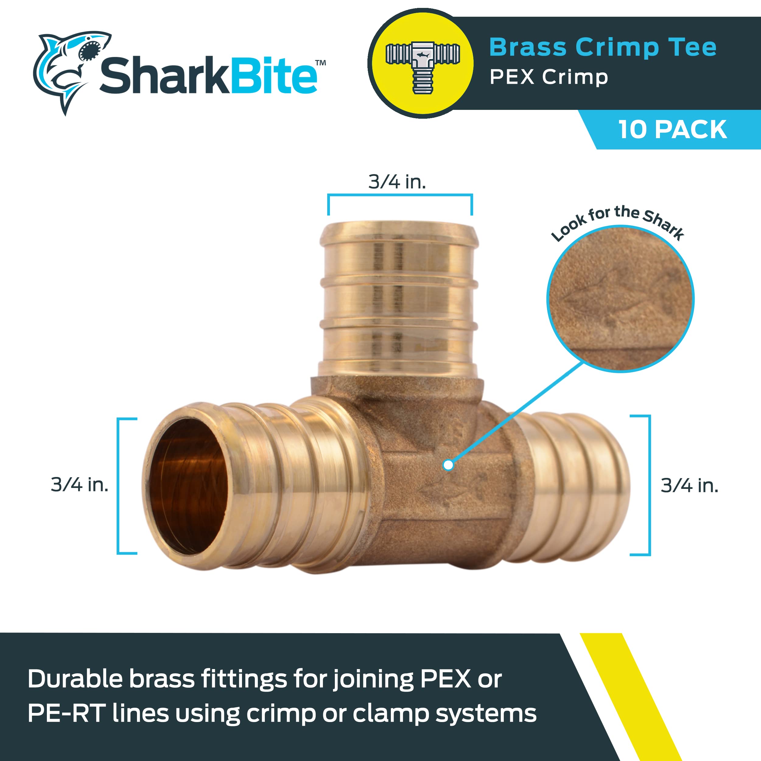 SharkBite 3/4 Inch Crimp Tee, Pack of 10, Brass Plumbing Fitting, PEX Pipe, PE-RT, UC370LFA10