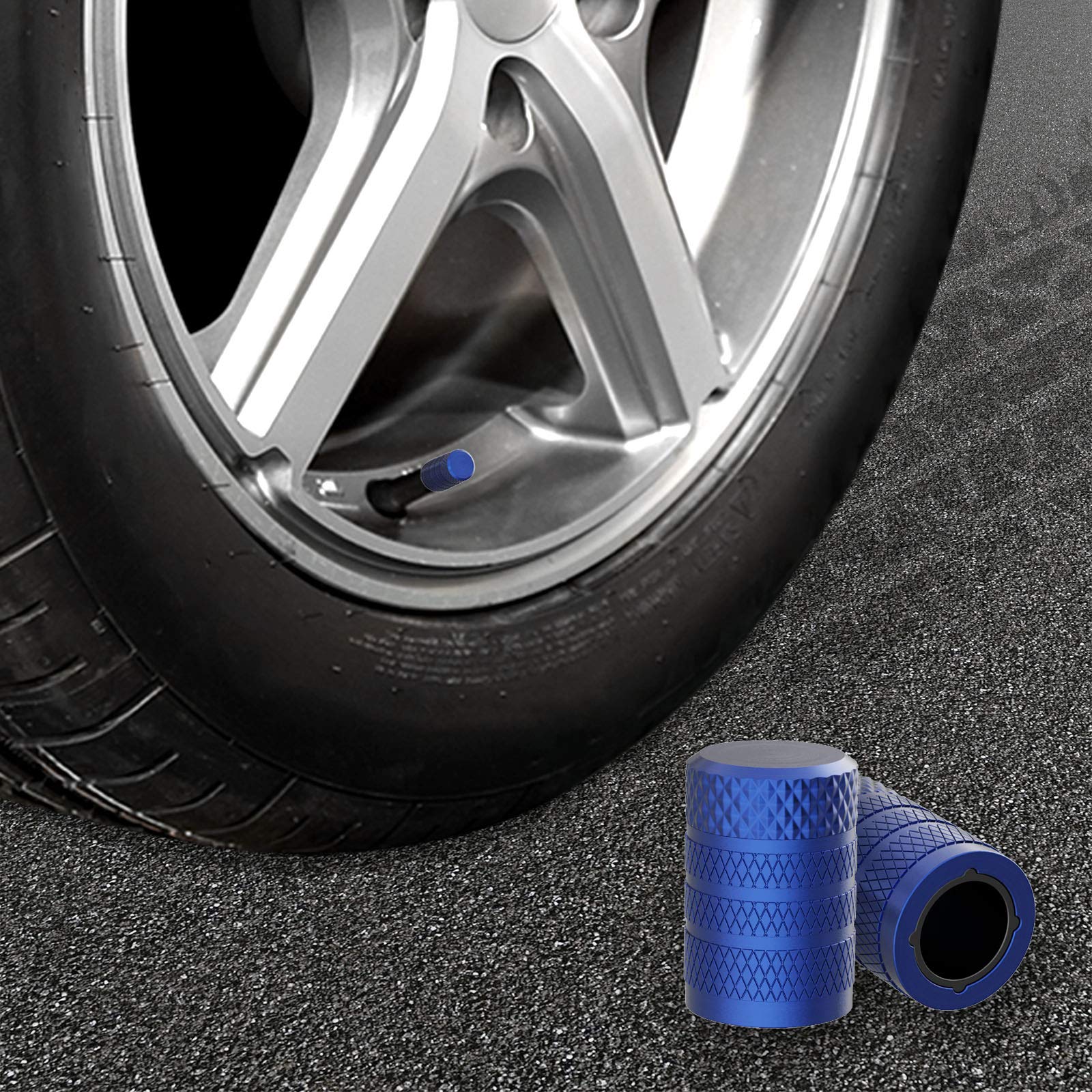 CKAuto Tire Valve Stem Caps, Blue, 4 pcs/Pack, Anodized Aluminum Tire Valve Cap Set, Corrosion Resistant, Universal Stem Covers for Cars Trucks Motorcycles SUVs and Bikes