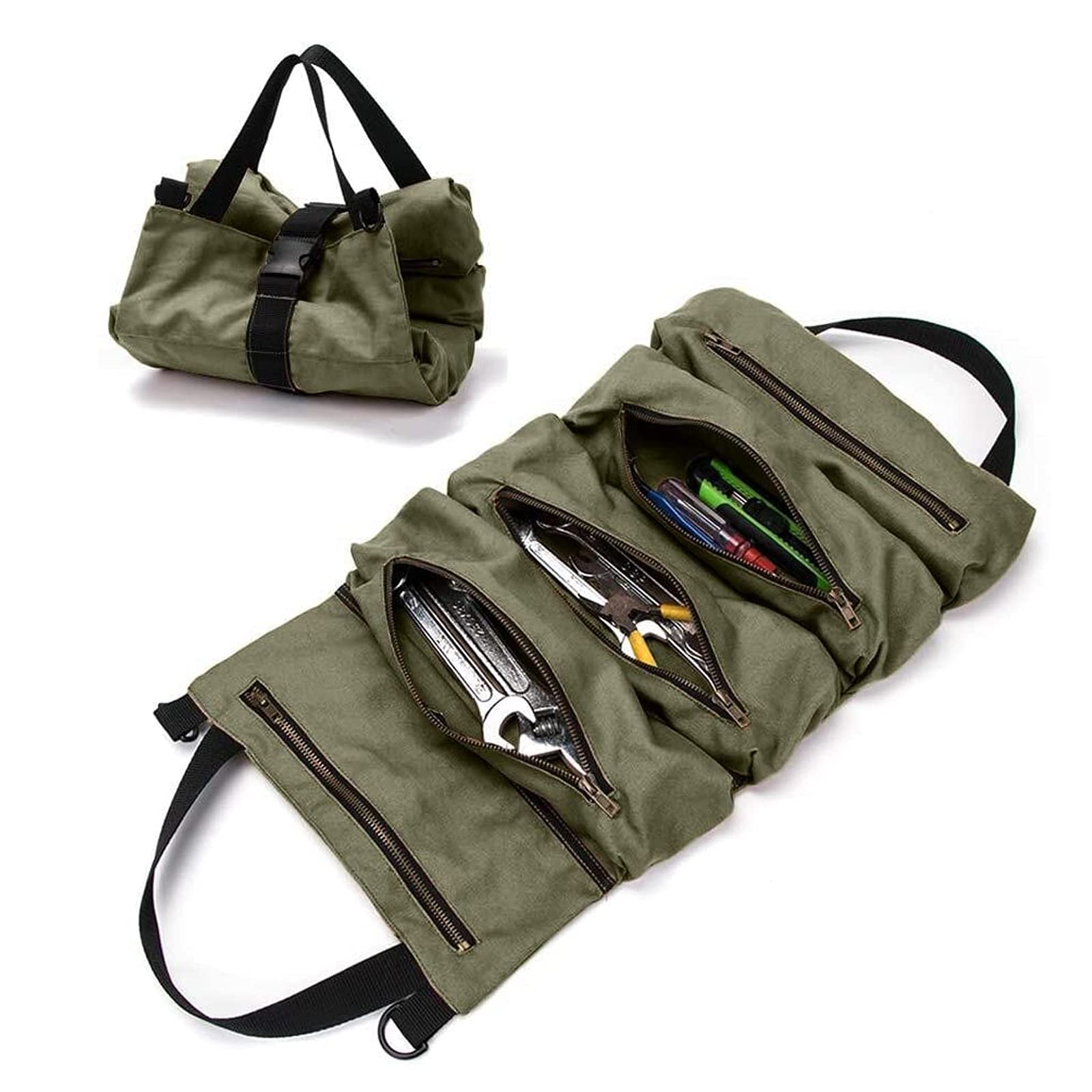 Toll Roll Bag,Canvas Tool Bags For Men,Small Tool Bag,Heavy Duty Tool Roll Up Bag with 5 Zipper Pockets,Wrench Roll Organizer For Mechanic Carpenter Electrician,Tool Roll Organizer.Car Camping Gear