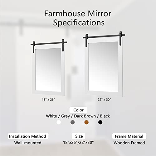Clavie Farmhouse Wall Mirror Rustic Horizontal Wood Framed Bathroom Mirror, Barn Door Style Decorative Mirrors, 22"x30" White