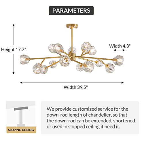 APBEAM Brass Sputnik Chandelier Gold Pendant Light Crystal Ceiling Hanging Light Fixture 15 Light W39.5” x H17.7”