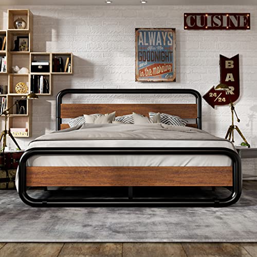 IMUsee Queen Size Metal Bed Frame with Round/Curved Wooden Headboard and Footboard, Platform Bed Frame with Under Bed Storage, Strong Metal Slat Support, No Box Spring Needed, Modern, Walnut