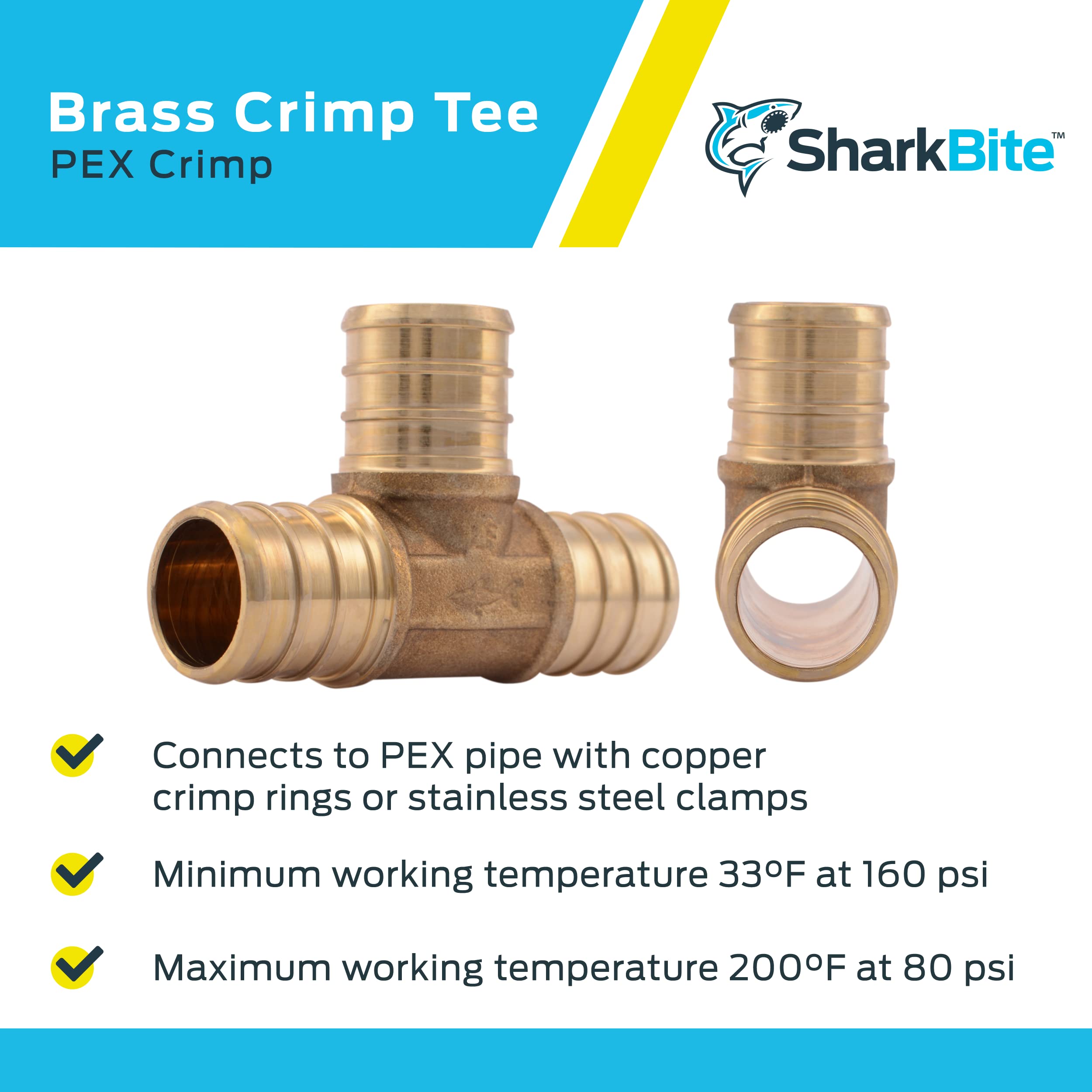 SharkBite 3/4 Inch Crimp Tee, Pack of 10, Brass Plumbing Fitting, PEX Pipe, PE-RT, UC370LFA10