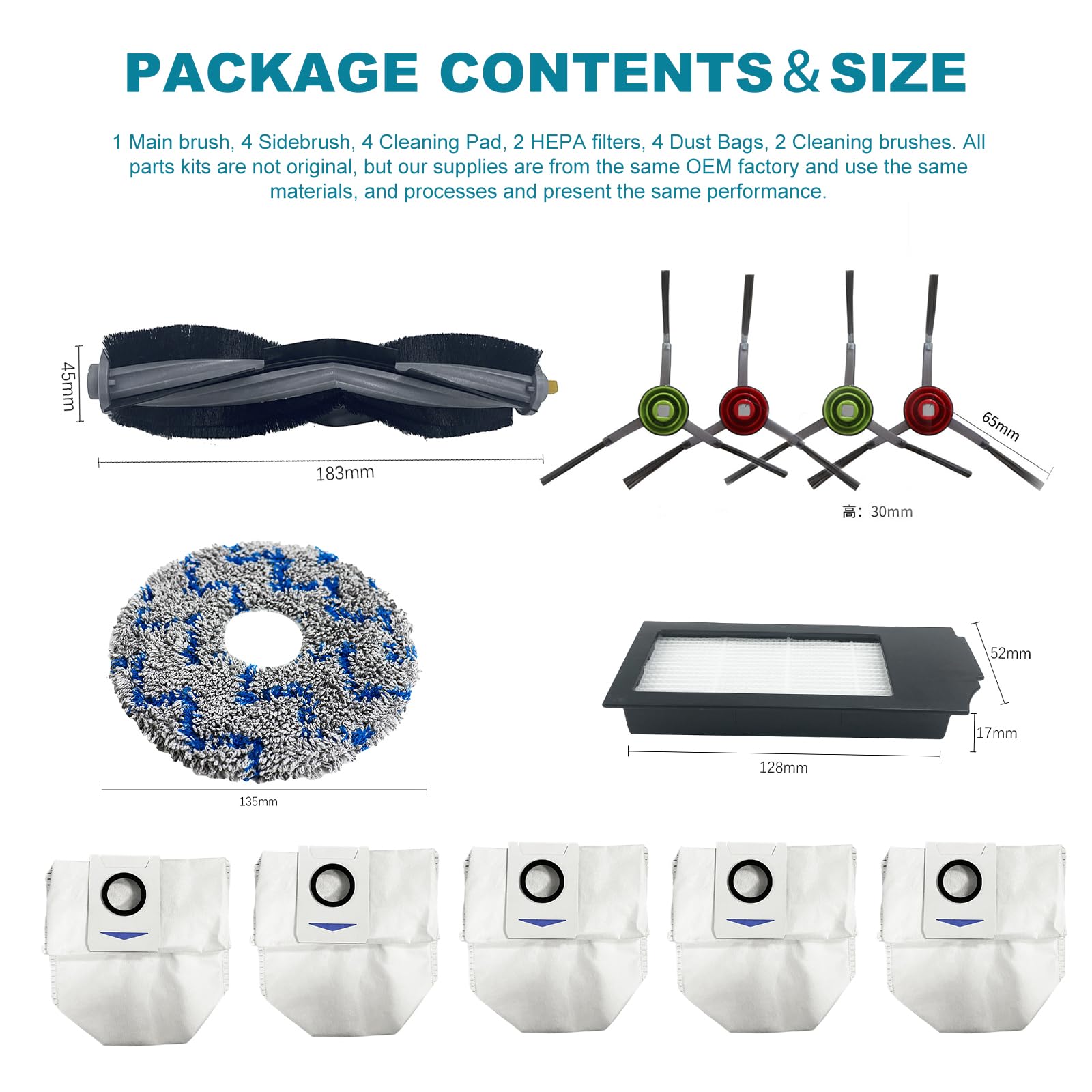 16Pack Replacement Parts Compatible with ECOVACS DEEBOTX1 Omni / X1TURBO / X1 Plus /T10 Omni Robotic Vacuum Cleaner Accessories, 1 Roller Brush 2 HEPA Filters 5 Dust Bags 4 Side Brushes 4 Mop Pads