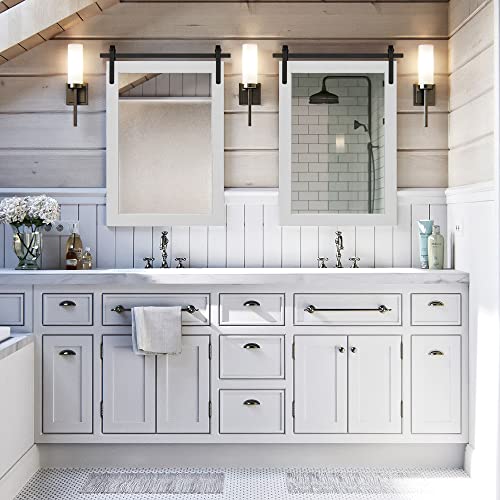 Clavie Farmhouse Wall Mirror Rustic Horizontal Wood Framed Bathroom Mirror, Barn Door Style Decorative Mirrors, 22"x30" White