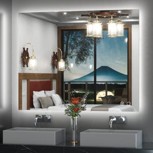 Keonjinn Backlit Mirror 40 x 32 Inch LED Mirror Bathroom Vanity Mirror with Lights 3-Color Warm/Natural/White High Lumens 6418LM, Anti-Fog Wall Mounted Dimmable Lighted Makeup Mirror