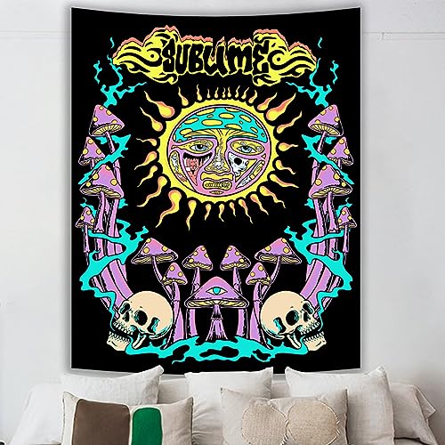 Miytal Blacklight Sun Tapestry, UV Reactive Hippie Aesthetic Mushroom Poster, Skull Vertical Glow in The Dark Tapestry for Bedroom - 44" x 59"
