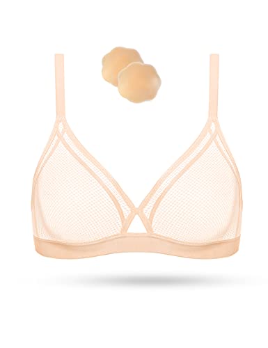 Wingslove Women's Sheer Mesh Bra Sexy Lace See Through Bralette Unlined Wireless Plunge Triangle Transparent Bras (Nude,36D)