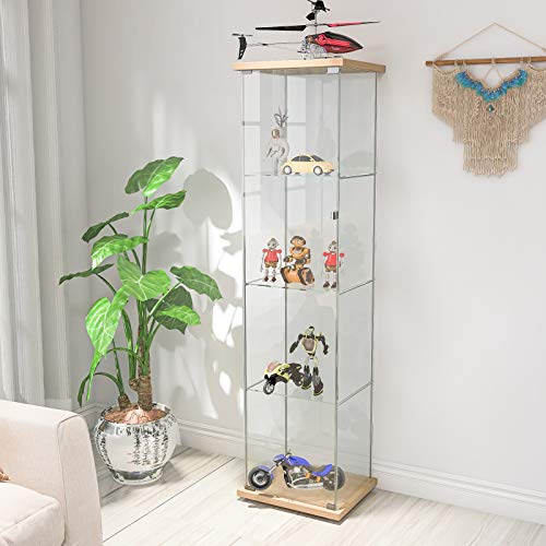 Goujxcy 4-Shelf Glass Display Showcase Cabinet, 64" Curio Cabinet Collection Display Case with Glass Door, Tempered Glass Floor Standing Bookshelf Display Organizer for Living Room, Office