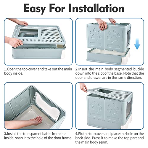 Homagico Foldable Cat Litter Box, Extra Large Front Entry Top Exit Litter Box with Lid, Drawer Type Enclosed Kitty Litter Box with Litter Scoop, Anti-Splashing Cat Toilet Easy Cleaning (Blue)