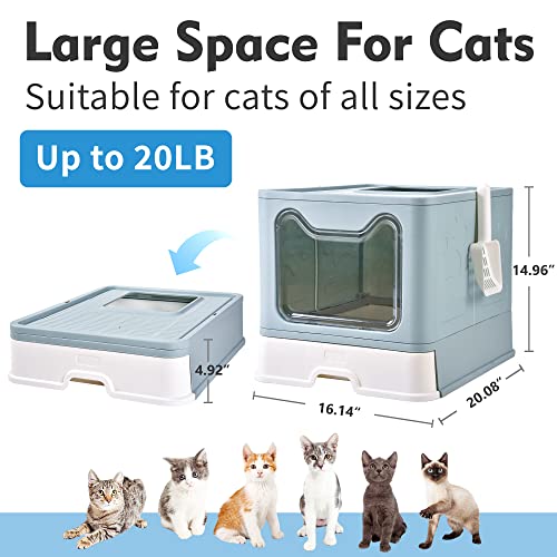 Homagico Foldable Cat Litter Box, Extra Large Front Entry Top Exit Litter Box with Lid, Drawer Type Enclosed Kitty Litter Box with Litter Scoop, Anti-Splashing Cat Toilet Easy Cleaning (Blue)