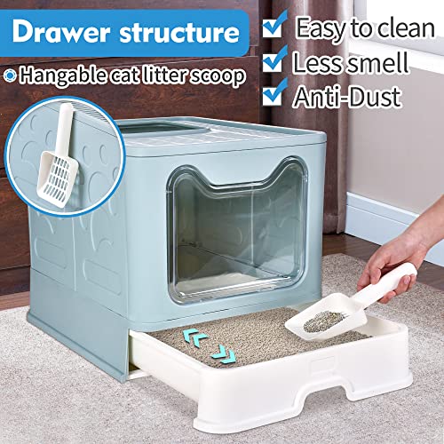 Homagico Foldable Cat Litter Box, Extra Large Front Entry Top Exit Litter Box with Lid, Drawer Type Enclosed Kitty Litter Box with Litter Scoop, Anti-Splashing Cat Toilet Easy Cleaning (Blue)