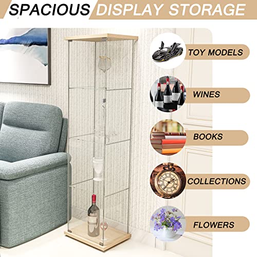 Goujxcy 4-Shelf Glass Display Showcase Cabinet, 64" Curio Cabinet Collection Display Case with Glass Door, Tempered Glass Floor Standing Bookshelf Display Organizer for Living Room, Office