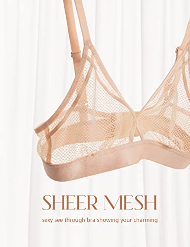 Wingslove Women's Sheer Mesh Bra Sexy Lace See Through Bralette Unlined Wireless Plunge Triangle Transparent Bras (Nude,36D)