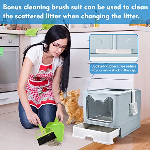 Homagico Foldable Cat Litter Box, Extra Large Front Entry Top Exit Litter Box with Lid, Drawer Type Enclosed Kitty Litter Box with Litter Scoop, Anti-Splashing Cat Toilet Easy Cleaning (Blue)