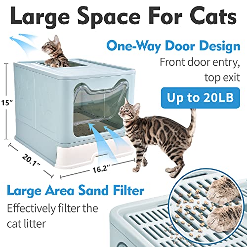 Homagico Foldable Cat Litter Box, Extra Large Front Entry Top Exit Litter Box with Lid, Drawer Type Enclosed Kitty Litter Box with Litter Scoop, Anti-Splashing Cat Toilet Easy Cleaning (Blue)