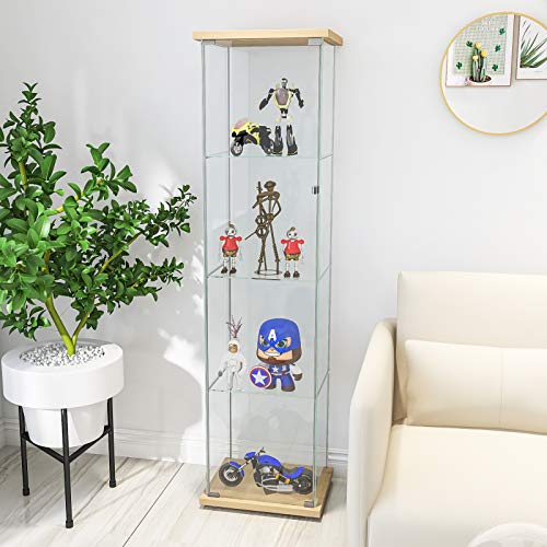Goujxcy 4-Shelf Glass Display Showcase Cabinet, 64" Curio Cabinet Collection Display Case with Glass Door, Tempered Glass Floor Standing Bookshelf Display Organizer for Living Room, Office
