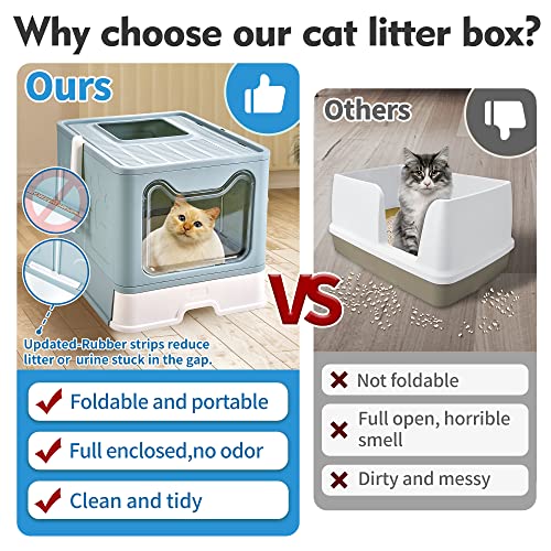 Homagico Foldable Cat Litter Box, Extra Large Front Entry Top Exit Litter Box with Lid, Drawer Type Enclosed Kitty Litter Box with Litter Scoop, Anti-Splashing Cat Toilet Easy Cleaning (Blue)