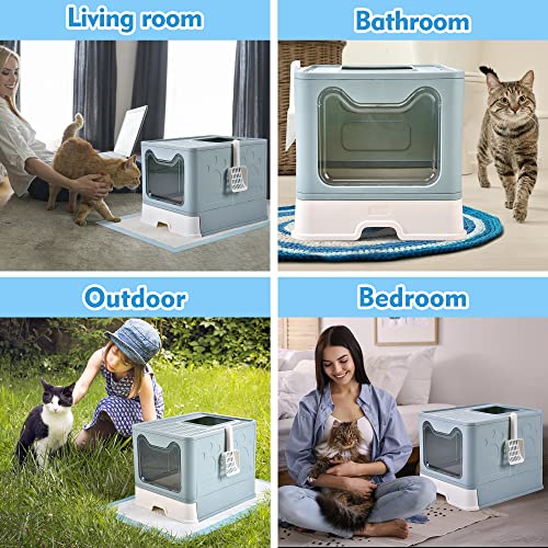 Homagico Foldable Cat Litter Box, Extra Large Front Entry Top Exit Litter Box with Lid, Drawer Type Enclosed Kitty Litter Box with Litter Scoop, Anti-Splashing Cat Toilet Easy Cleaning (Blue)