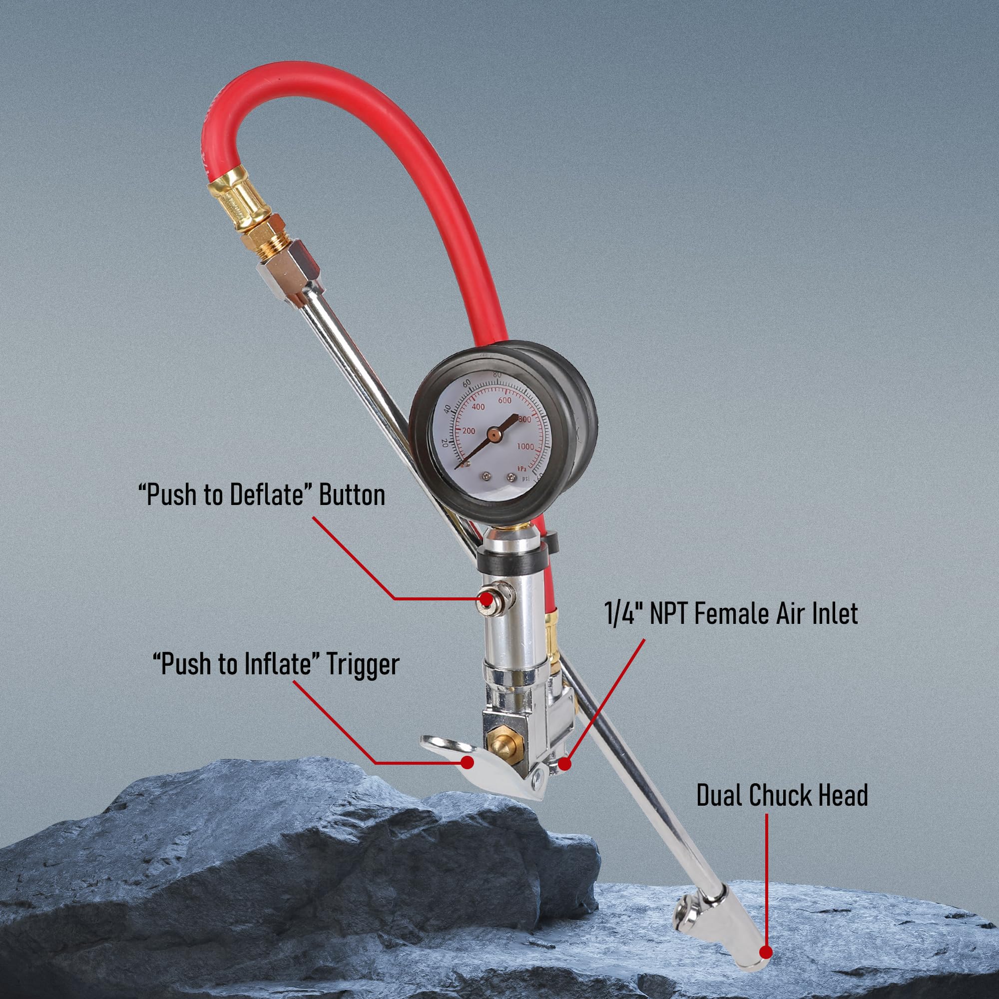 WYNNsky Tire Inflator with Tire Pressure Gauge, Extended Straight-on Air Chuck with 12 Inch Rubber Air Hose