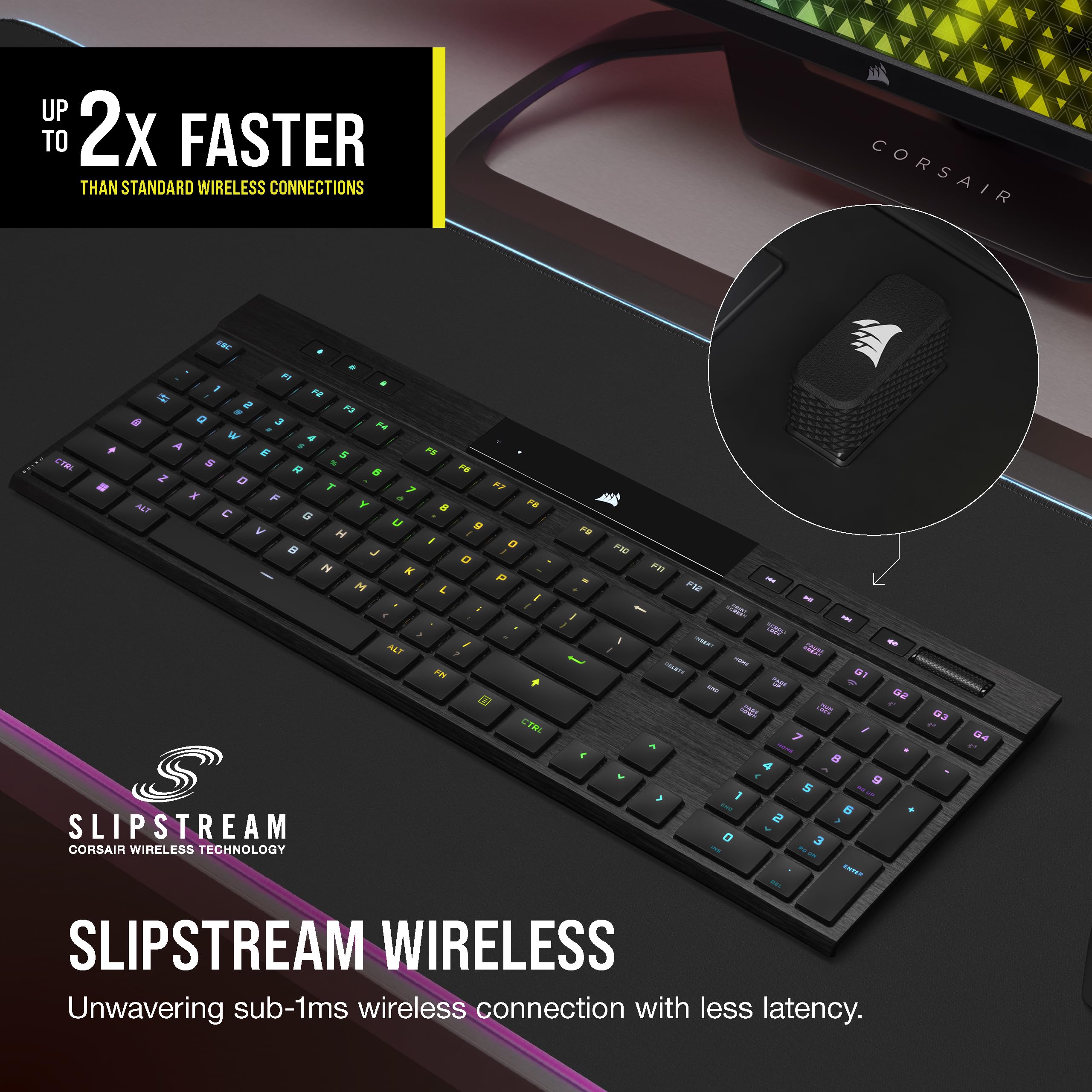 Corsair K100 AIR Wireless RGB Mechanical Gaming Keyboard - Ultra-Thin, Sub-1ms Slipstream , Low-Latency Bluetooth, Cherry MX Ultra Low Profile Keyswitches - NA Layout, QWERTY - Black