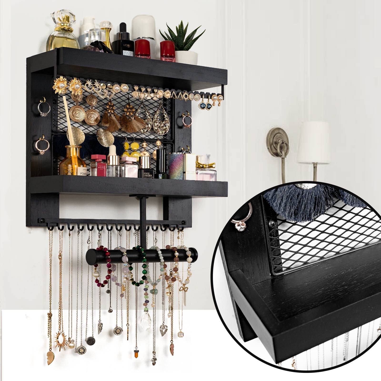Pinzoveco Hanging Jewelry Organizer Wall Mounted With Wall Jewelry Organizer Holder For Necklaces Bracelet Earrings Ring (Black)
