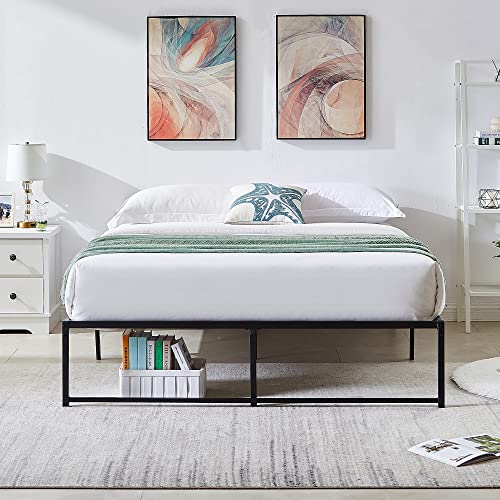 VECELO Platform Bed Frame/No Box Spring Needed/Mattress Foundation/Steel Slat Support Black (Queen)