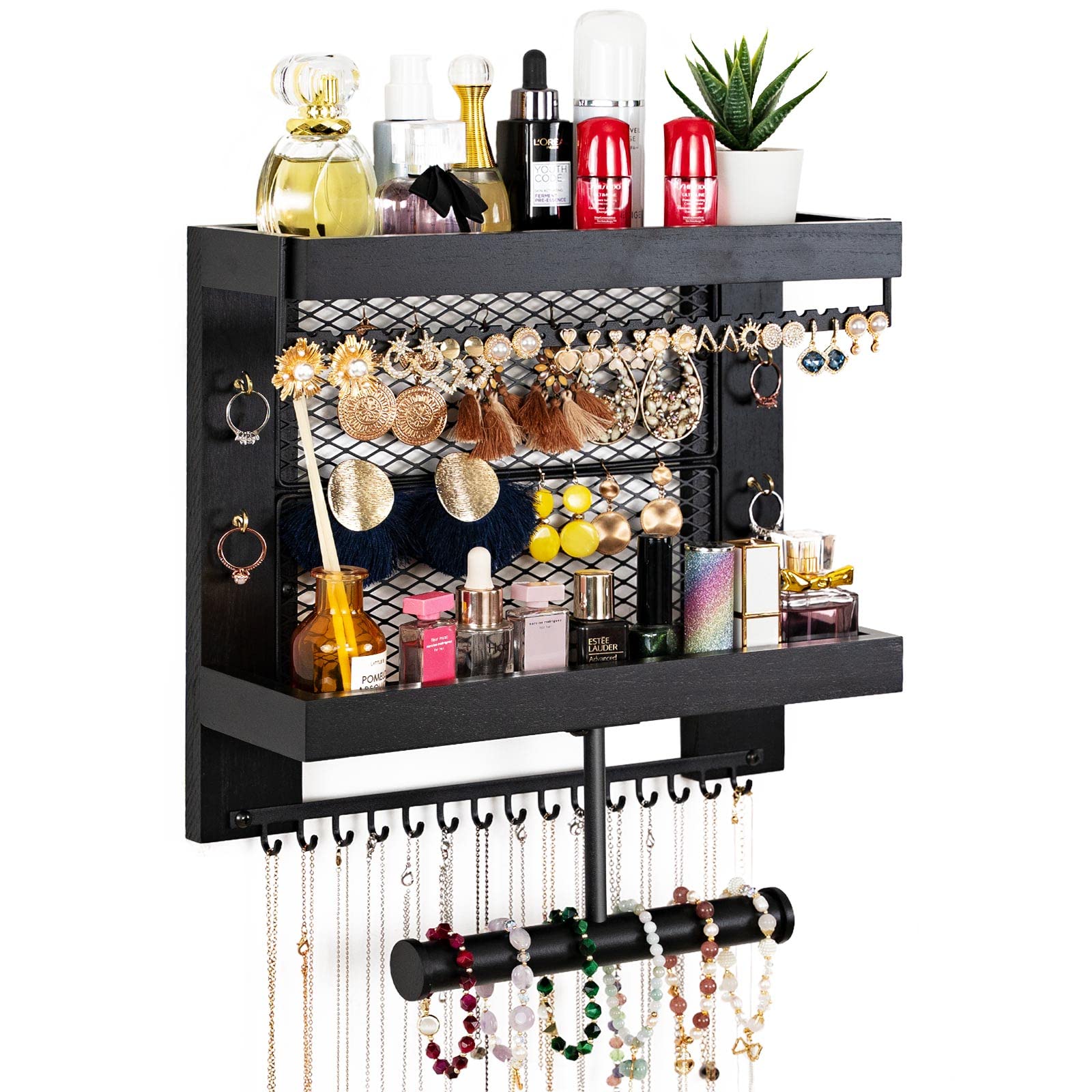 Pinzoveco Hanging Jewelry Organizer Wall Mounted With Wall Jewelry Organizer Holder For Necklaces Bracelet Earrings Ring (Black)