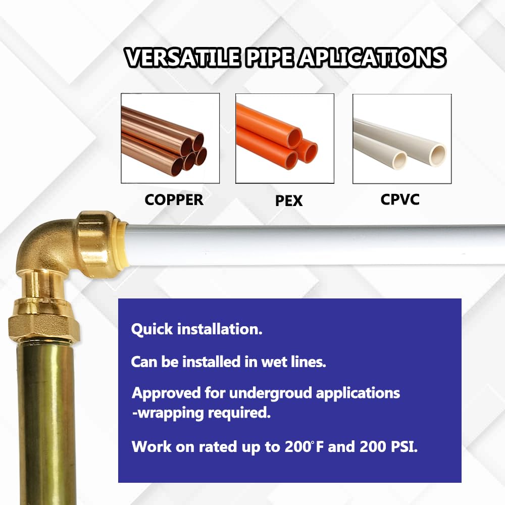 HQMPC Push Elbow Coupling with Union 1/2"X1/2" 2Pcs No Lead Push-to-Connect Plumbing Fittings Brass Pipe Connector Fittings for Copper PEX CPVC