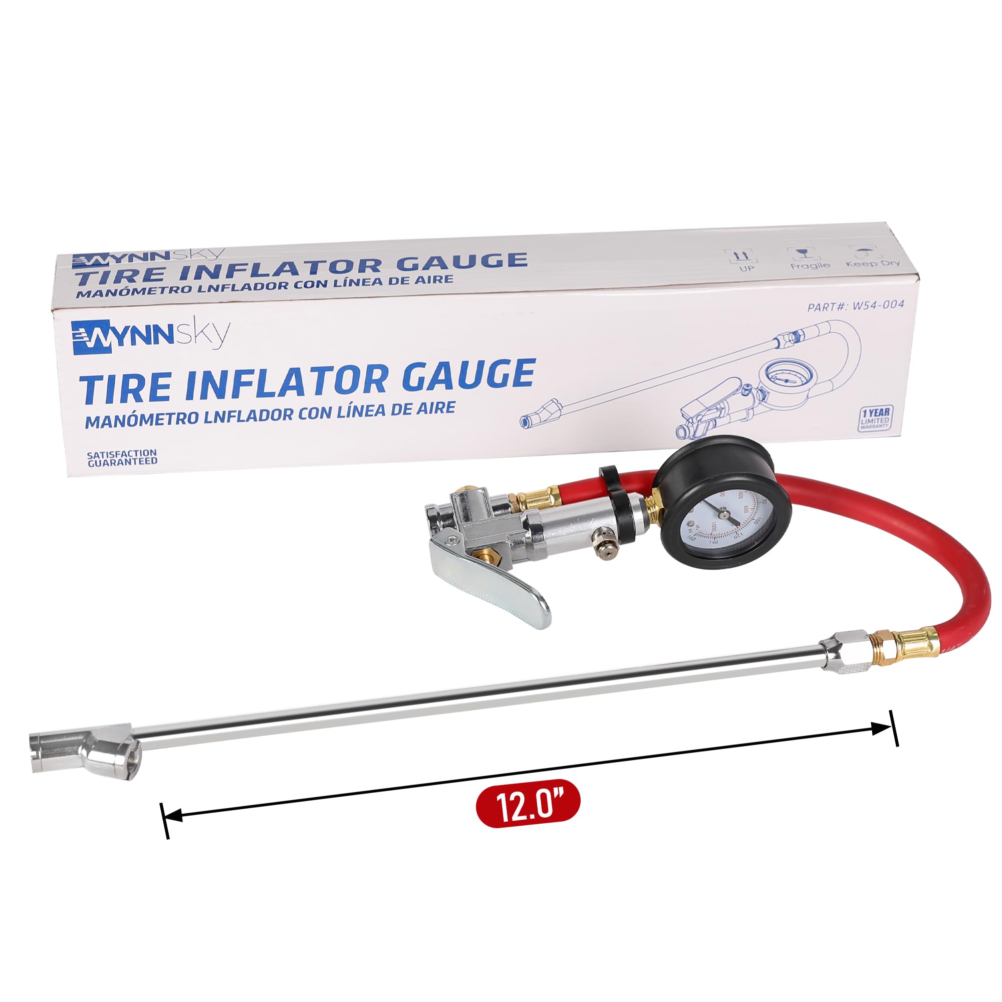 WYNNsky Tire Inflator with Tire Pressure Gauge, Extended Straight-on Air Chuck with 12 Inch Rubber Air Hose