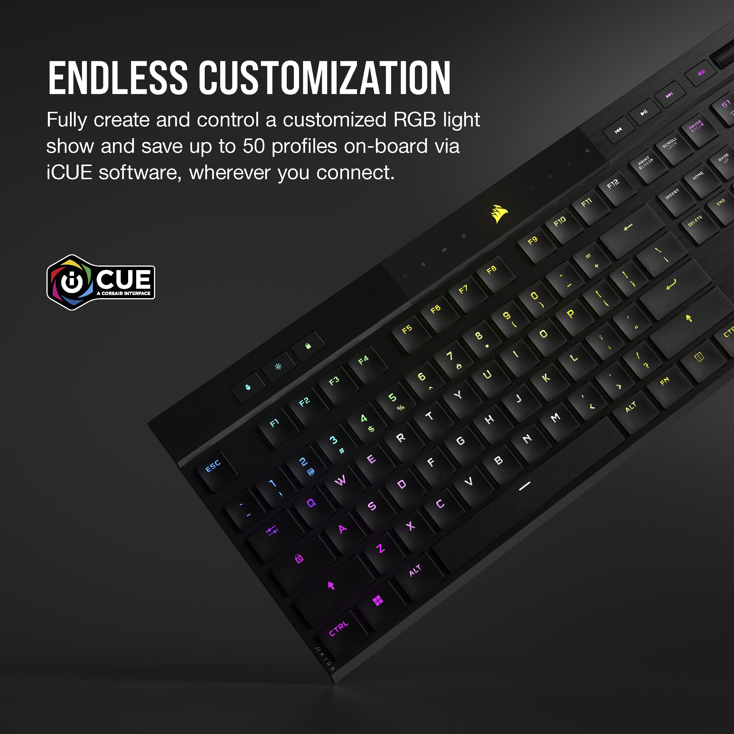 Corsair K100 AIR Wireless RGB Mechanical Gaming Keyboard - Ultra-Thin, Sub-1ms Slipstream , Low-Latency Bluetooth, Cherry MX Ultra Low Profile Keyswitches - NA Layout, QWERTY - Black