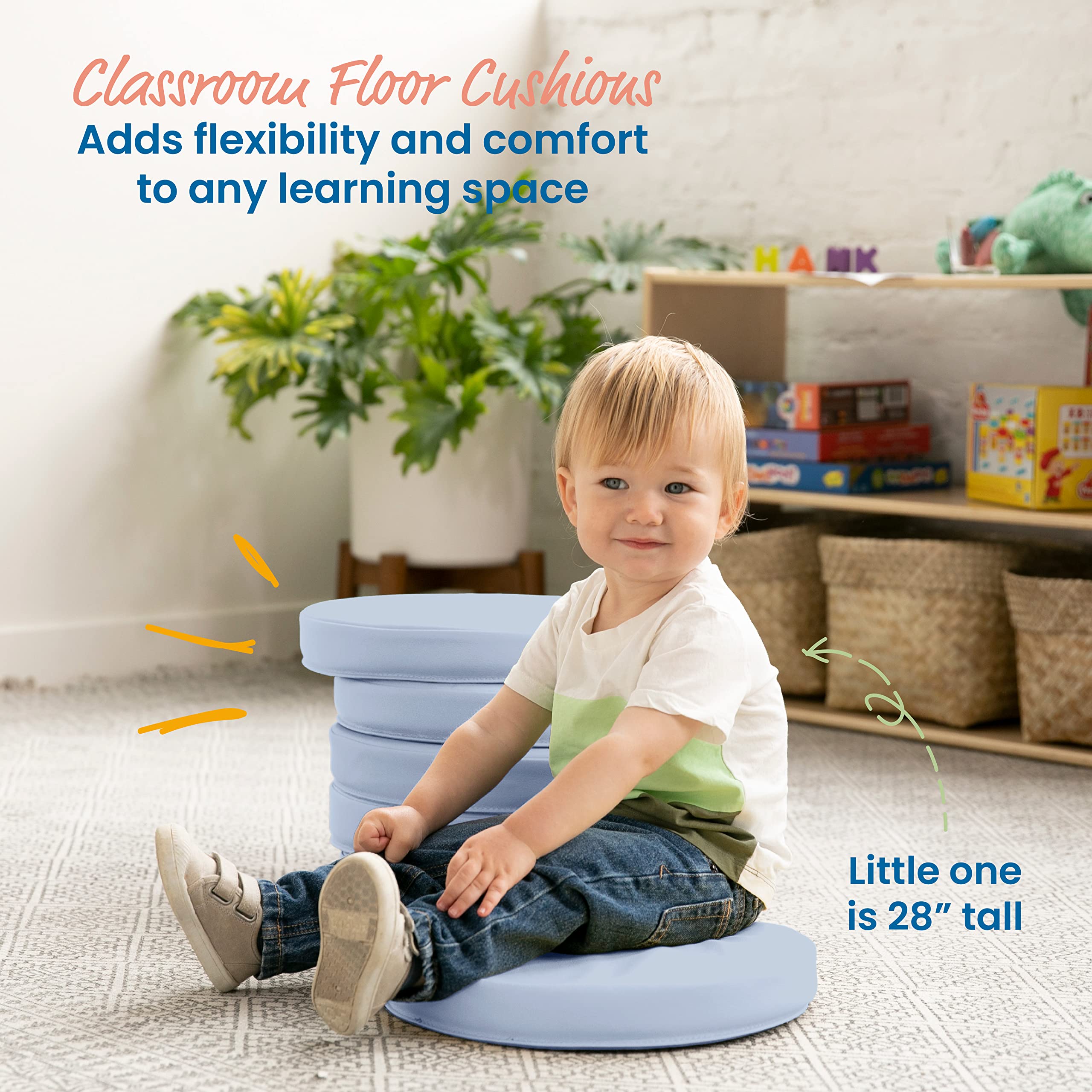 ECR4Kids SoftZone Floor Cushions with Handles, 2" Deluxe Foam, Round, Powder Blue, (6-Pack)