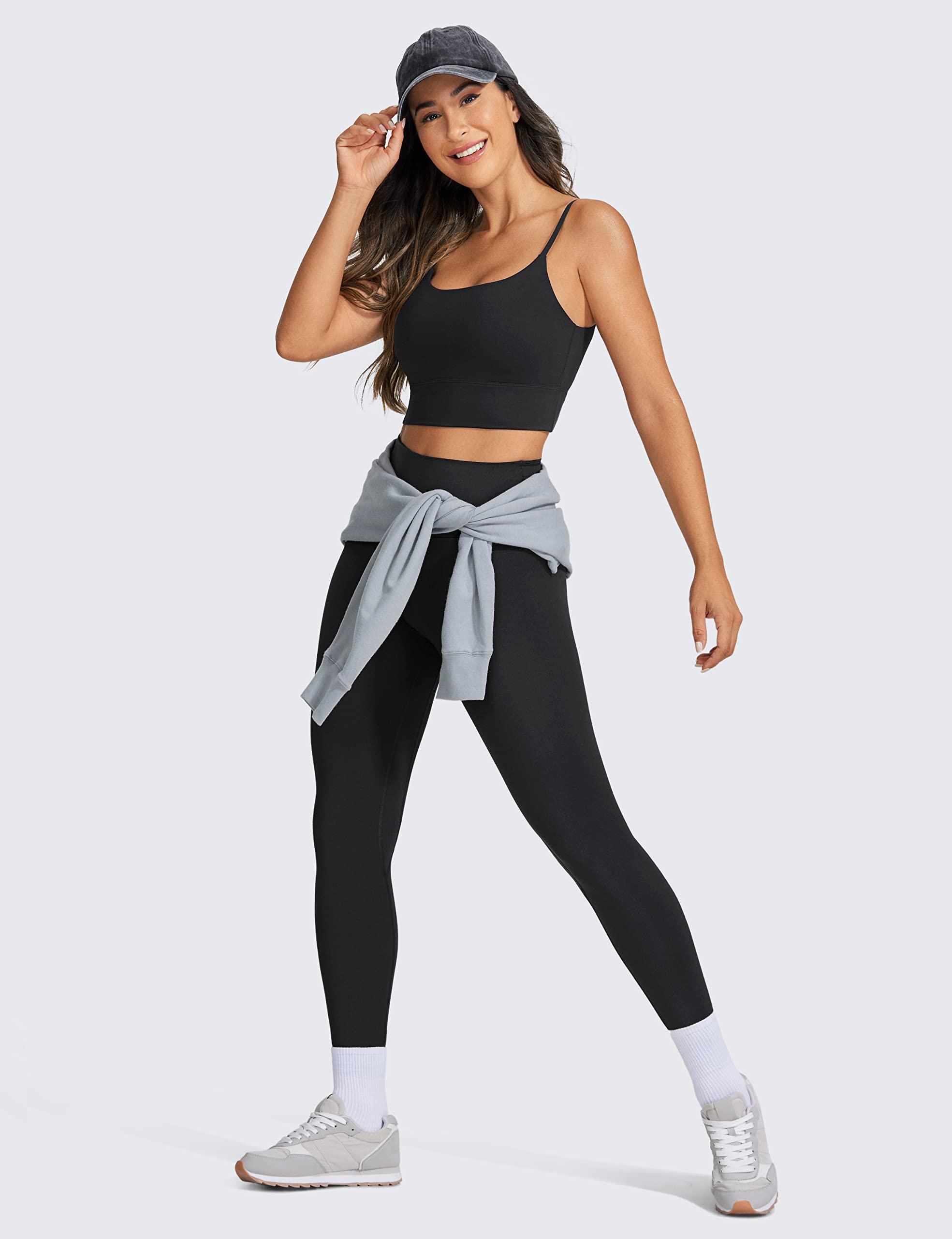 CRZ YOGA Adjustable Longline Sports Bra for Women - V Back Wireless Workout Padded Yoga Camisole Cropped Tank Tops Black Large