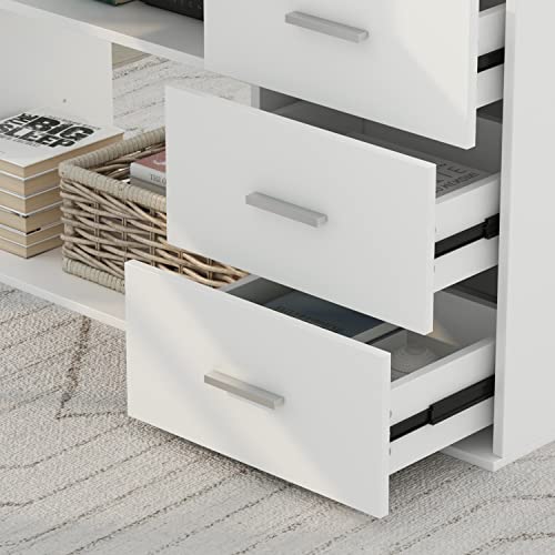 Homsee Home Office Computer Desk Corner Desk with 3 Drawers and 2 Shelves, 55 Inch Large L-Shaped Study Writing Table with Storage Cabinet - White