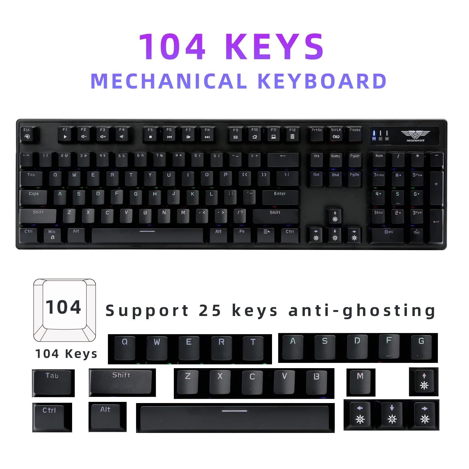 Newmen GM325 Gaming Mechanical Keyboard,LED Backlit Wired 104 Keys Mechanical Gaming Keyboard,Anti-ghosting,Macro Programmable PC Gaming Keyboards for Windows Computer Laptop(Blue Switch)