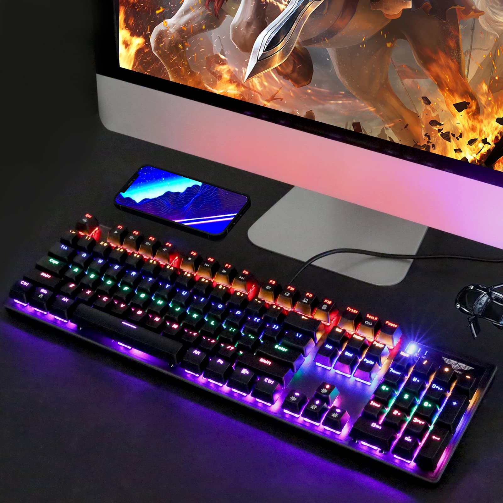 Newmen GM325 Gaming Mechanical Keyboard,LED Backlit Wired 104 Keys Mechanical Gaming Keyboard,Anti-ghosting,Macro Programmable PC Gaming Keyboards for Windows Computer Laptop(Blue Switch)