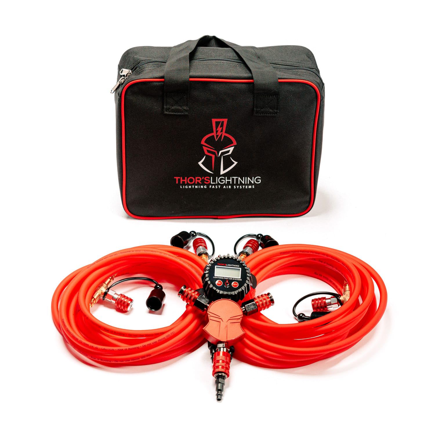 Thor's Lightning Air Systems Rapid 4-Tire Inflation/Deflation System, Dynamo Lock-On Air Chucks, High Flow, Candy Red, Midsize