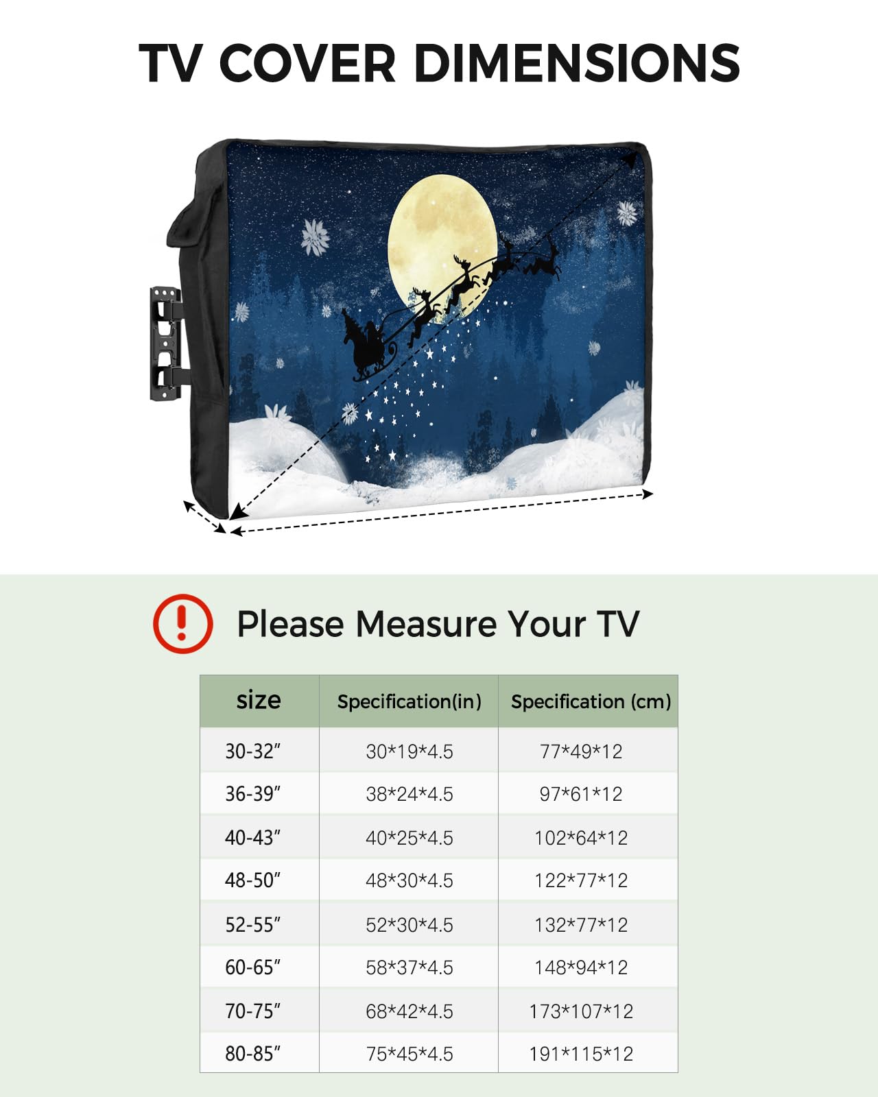 Outdoor TV Cover - Christmas Snow Eve Scene Santa Reindeer Moon Waterproof and Weatherproof 40"-43" LCD Movable Shield TV Display Screen Protector Outside Television Covers