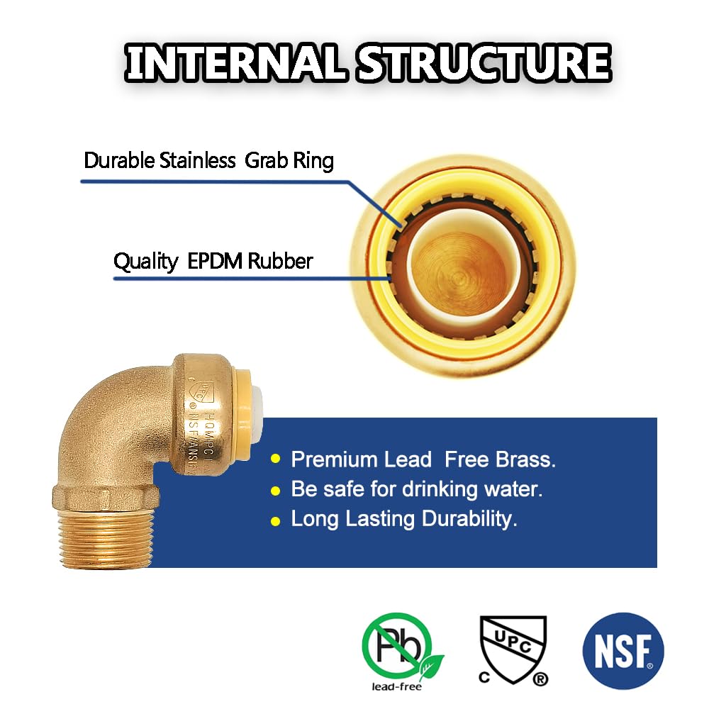 HQMPC 3/4" PEX Fittings No Lead Male PushFit Elbow 90-Degree - 6pcs 3/4" 90 Degree Elbow Push-to-Connect Plumbing Fitting for Copper, PEX, CPVC