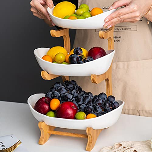 3 Tier Fruit Basket, Ceramic Fruit Bowl for Kitchen Counter, Home Fruit Bowl Set with Holder for Fruit Veggies Tray Snacks Nuts Bread Candy Storage Holder (White porcelain)