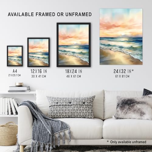 Artery8 Simple Serene Seashore Sunset Scarlet Sky Sublime Scenic Seascape Unframed Wall Art Print Poster Home Decor Premium